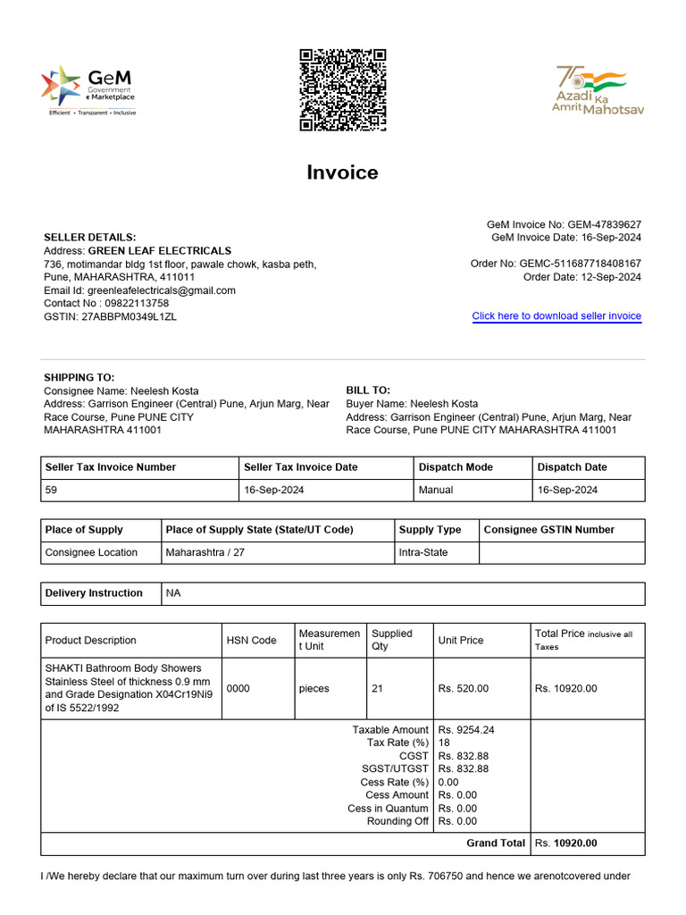 GST Invoice for Green Leaf Electricals | PDF | Invoice | Taxes