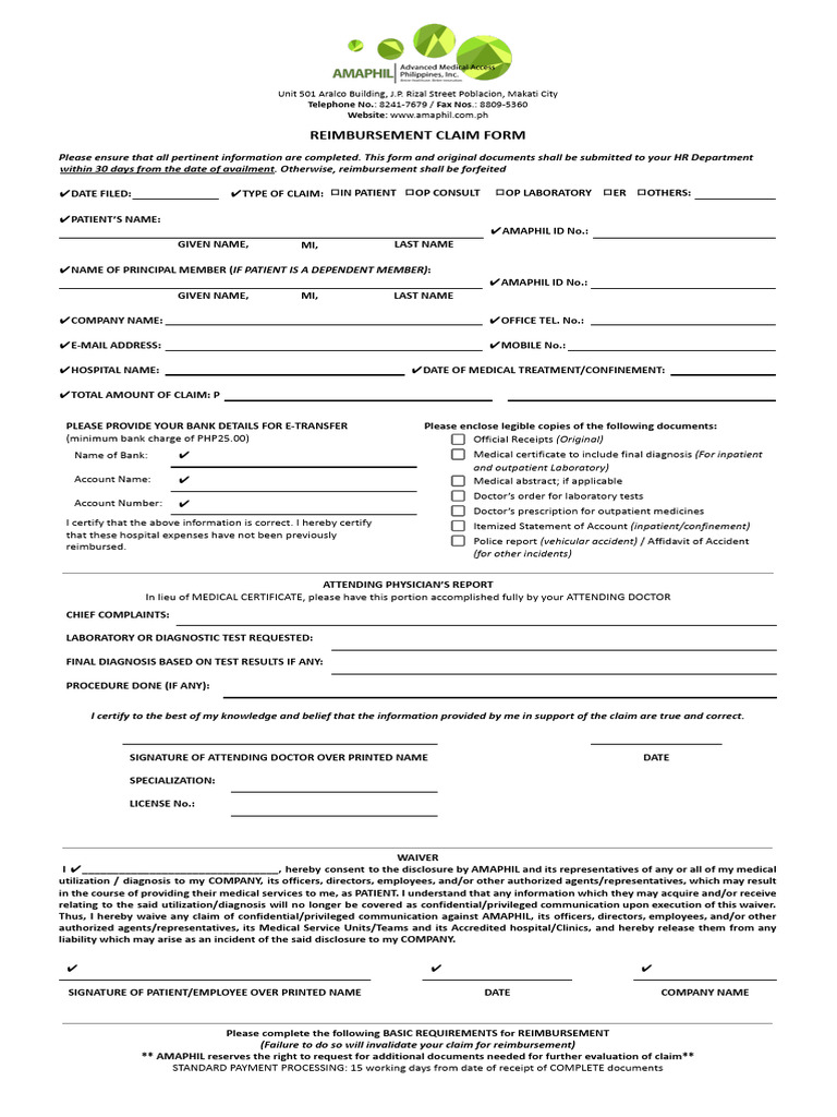 Amaphil Reimbursement Claim Form | PDF | Patient | Medical Diagnosis