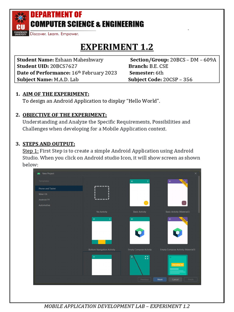20BCS7627 Experiment02 Madlab | PDF | Mobile App | Android (Operating System)