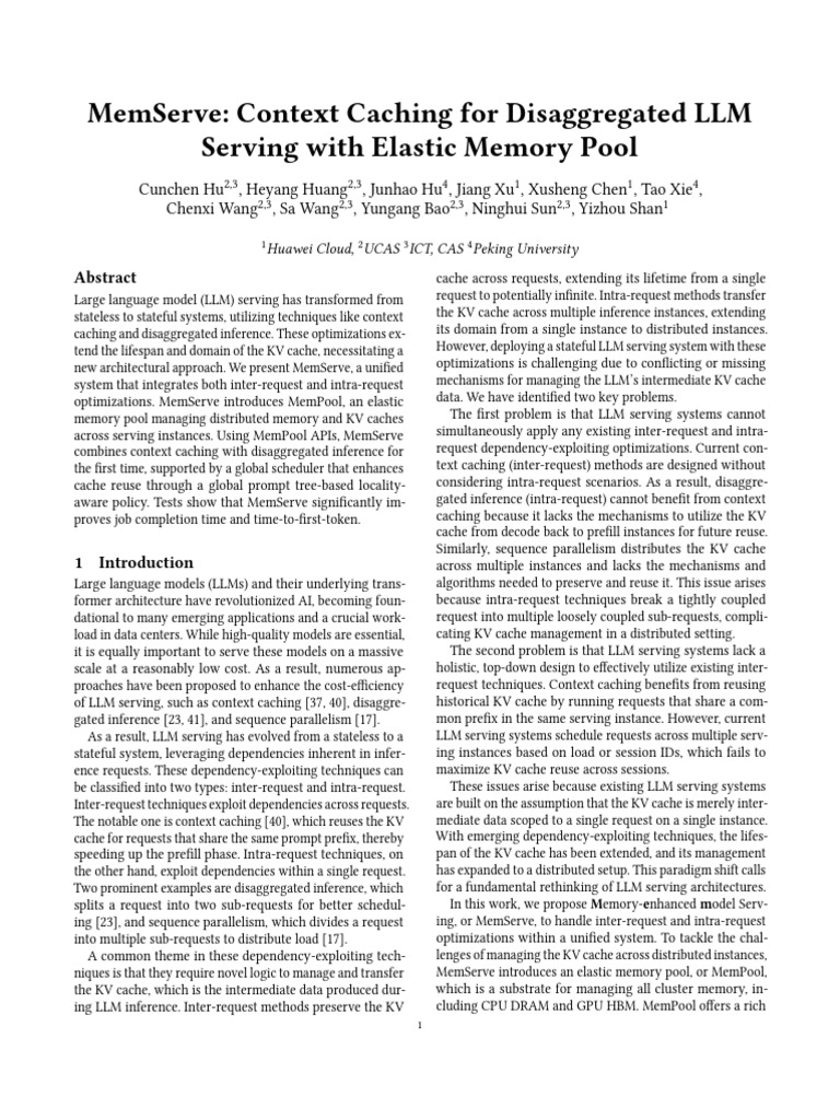 Memserve: Context Caching For Disaggregated LLM Serving With Elastic Memory Pool | PDF | Cache ...