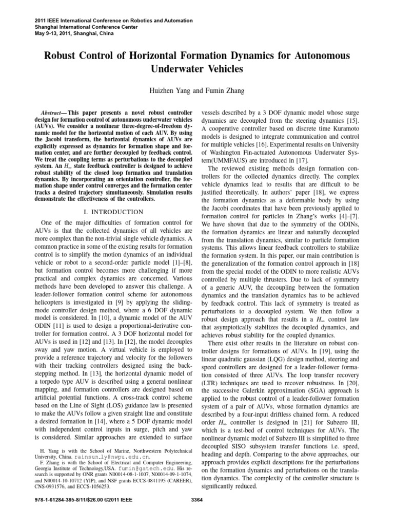 2011 Robust Control Of Horizontal Formation Dynamics For Autonomous