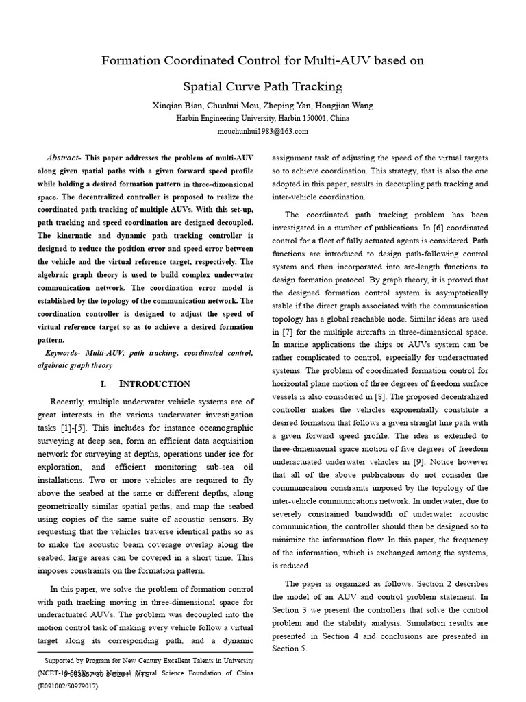 2011 - Formation Coordinated Control For multi-AUV Based On Spatial Curve Path Tracking | PDF ...