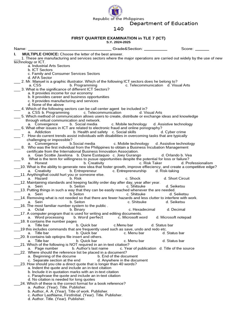 TLE ICT-7-1st-Periodical With TOS and BOW | PDF | Information And Communications Technology ...