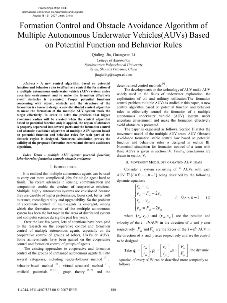 Formation Control and Obstacle Avoidance Algorithm of Multiple Autonomous Underwater Vehicles ...