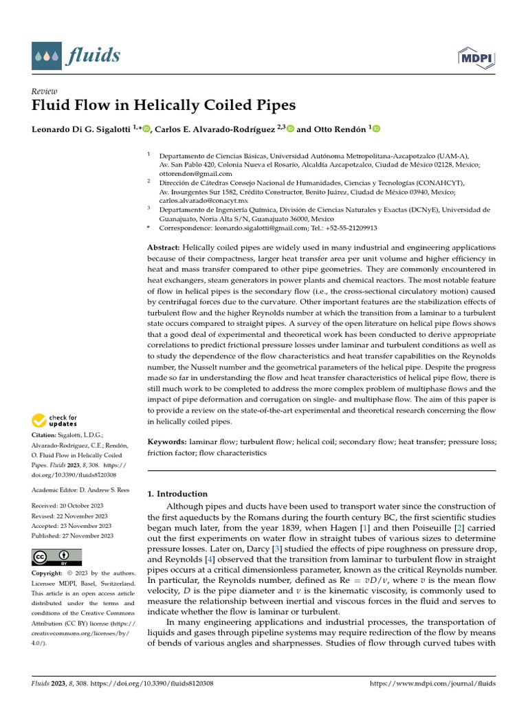 Fluid Flow in Helically Coiled Pipes | PDF | Reynolds Number | Fluid ...