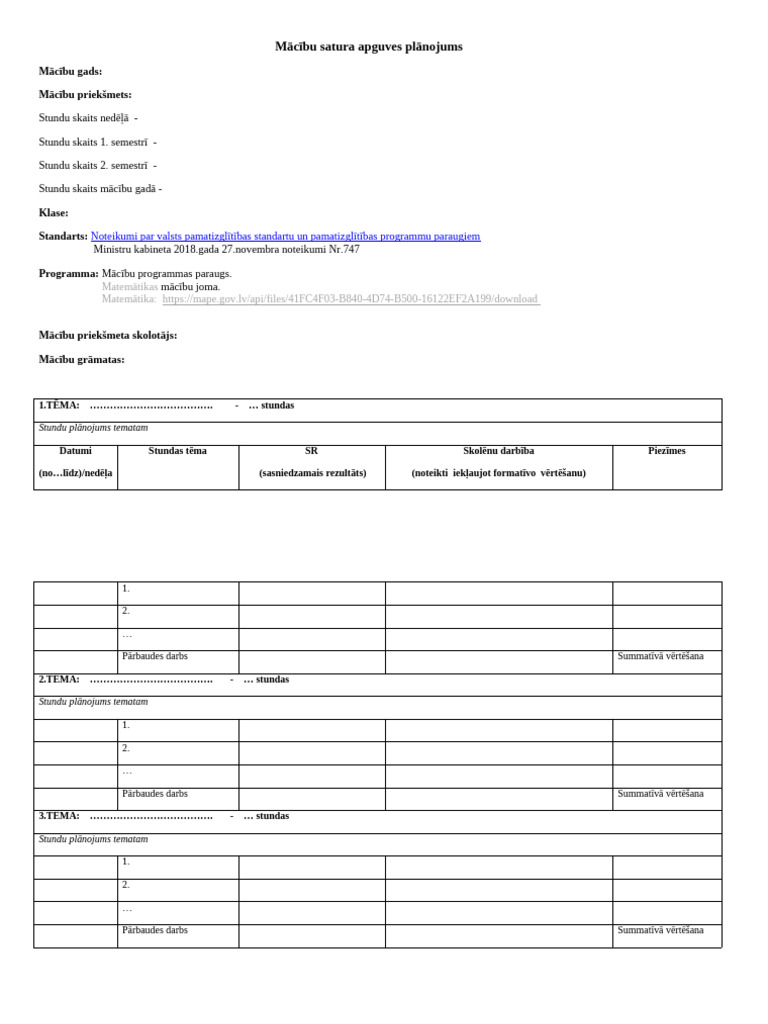 Mācību Satura Apguves Plānojums - Paraugs | PDF