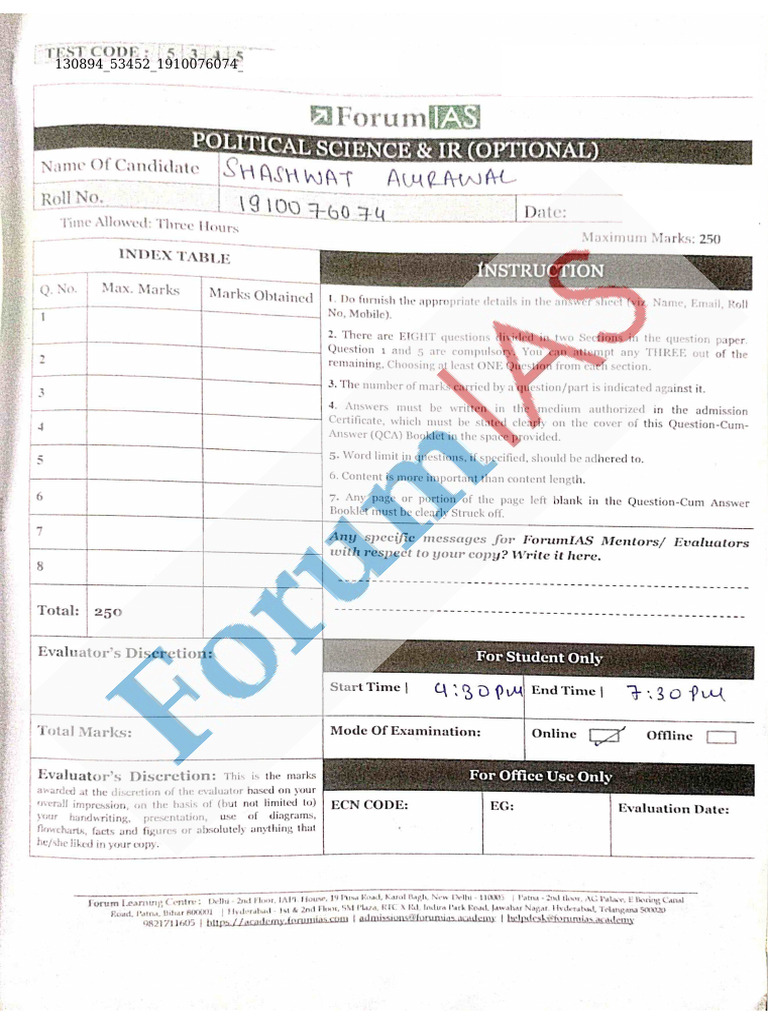 SHASHWAT AGRAWAL UPSC 2023 Rank 121 MGP Answer Copy Optional Paper | PDF