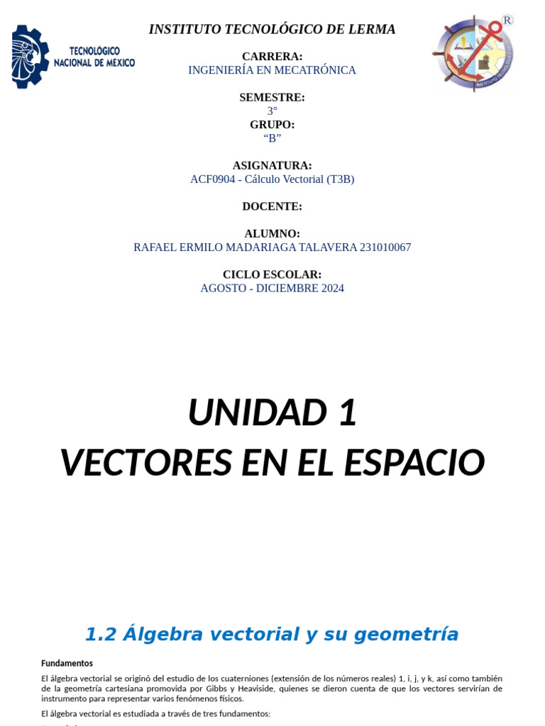 UNIDAD 1 Vectores en El Espacio - Rafael Ermilo Madariaga Talavera | PDF | Vector Euclidiano ...