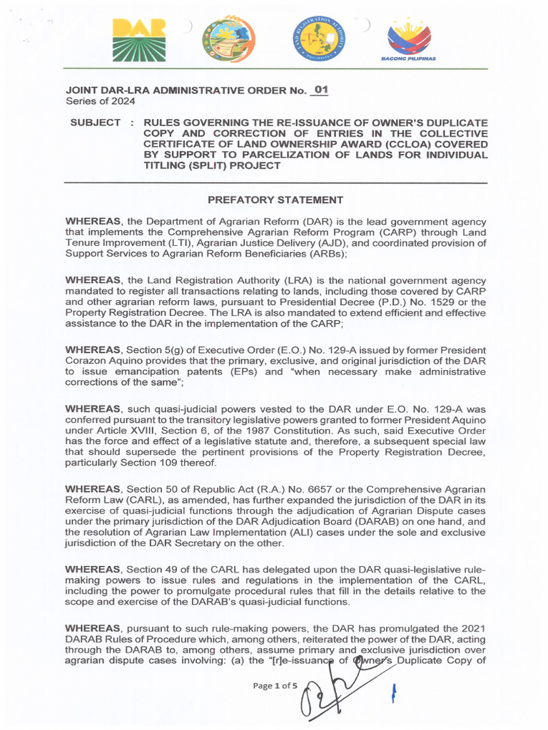Ao 01 s2024 Rules Governing The Re Issuance of Owner S Duplicate Copy ...