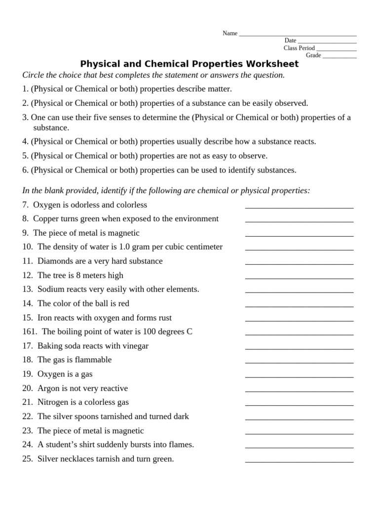 Physical and Chemical Properties-Worksheet | PDF | Chemical Substances ...