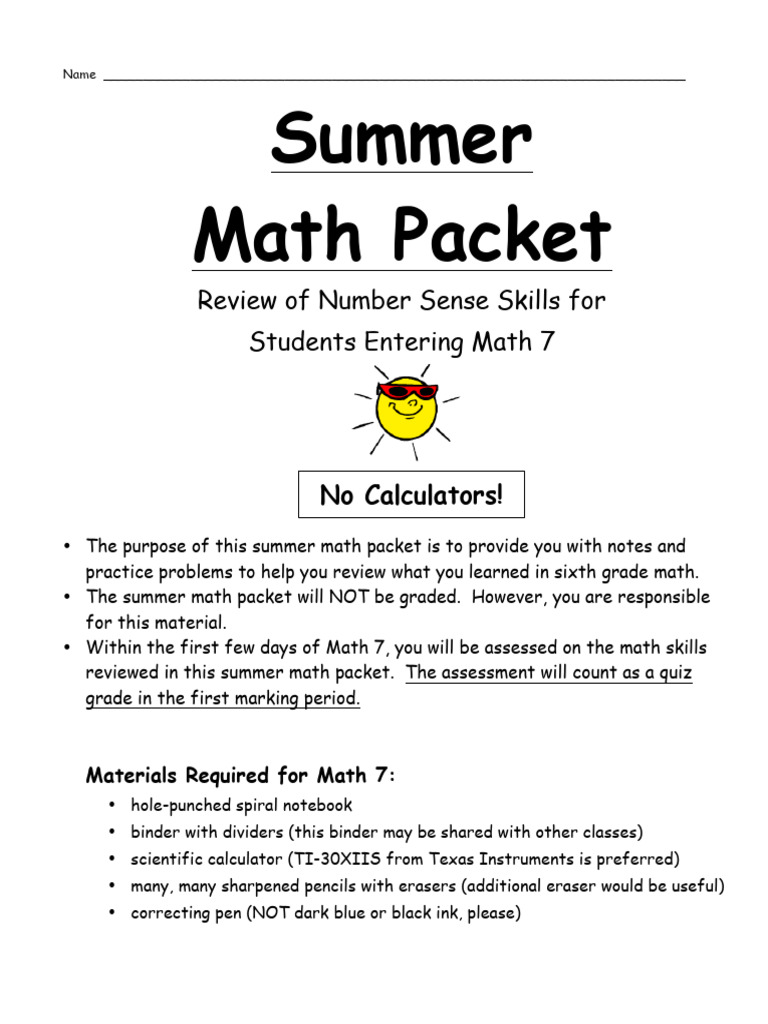 Entering Math 7 Summer Packet | PDF | Arithmetic | Mathematics