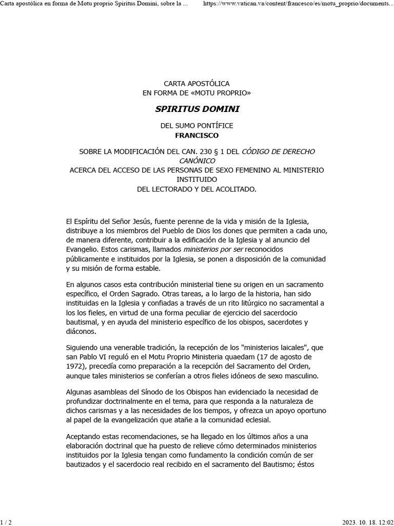 El Papa Francisco: Spiritus Domini | PDF | Iglesia Católica | Familias ...