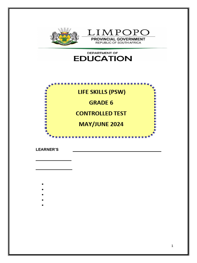 Life Skills Grade 6 Term 2 2024 Question Paper | PDF | Self Esteem | Bullying