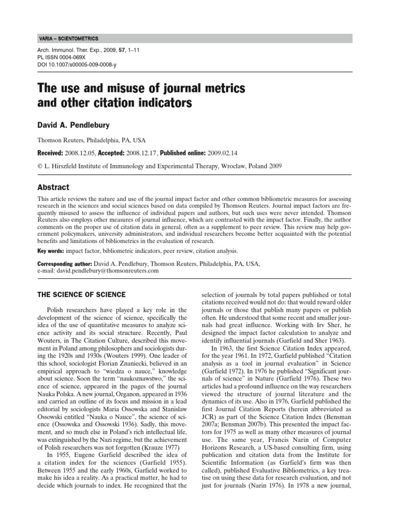The Use and Misuse of Journal Metrics and Other Citation Indicators ...