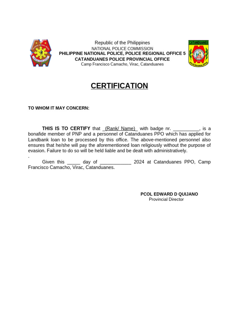 Certification Re Loan | PDF | Social Science