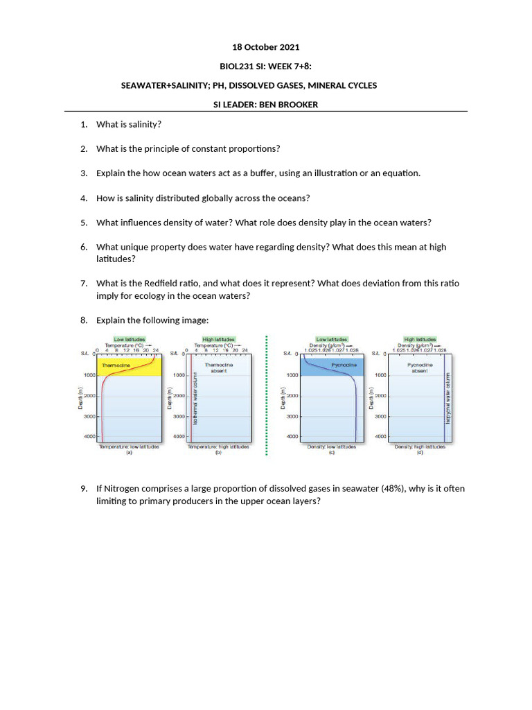 BIOL231 seawater, dissloved gases mineral cycles and pH_worksheet | PDF