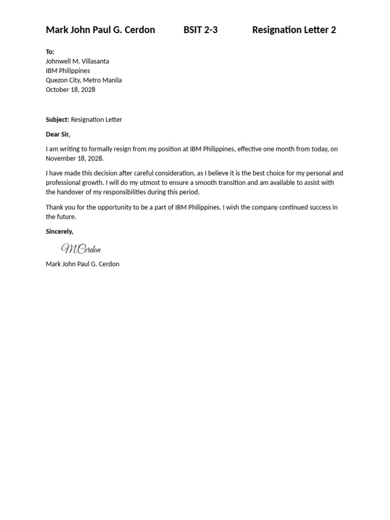 Resignation Letter 2 | PDF | Finance & Money Management