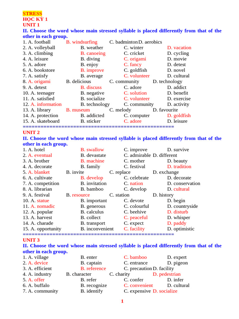 Bài tập Anh 8 theo chuyên đề 2. TRỌNG ÂM E8 (UNIT 1-6) N | PDF | Linguistics
