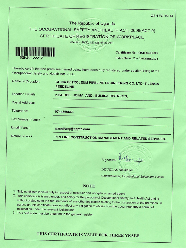 Workplace Reg Cert - Feedeline | PDF