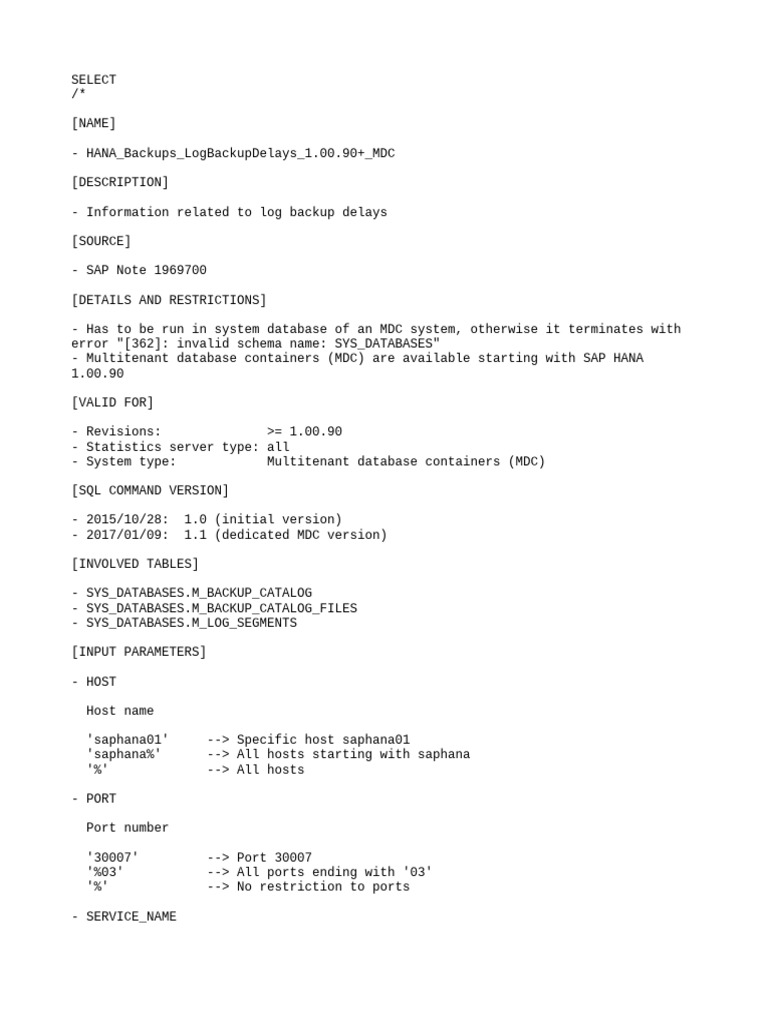 HANA Backups LogBackupDelays 1.00.90+ MDC | PDF | Databases | Software