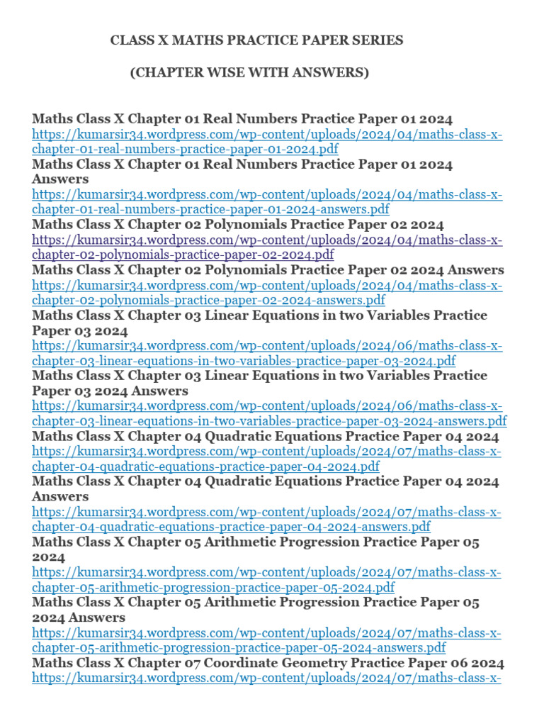 10 Maths Chapterwise Papers With Answers | PDF | Equations | Mathematics