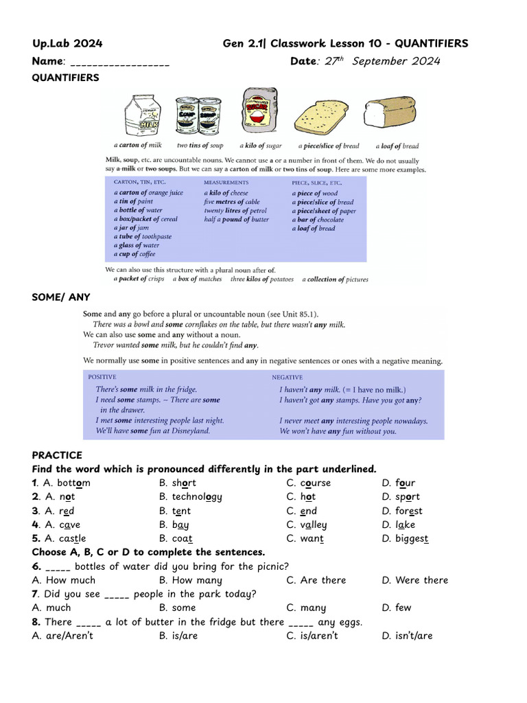 Quantifiers Practice Lesson | PDF | Foods | Cuisine