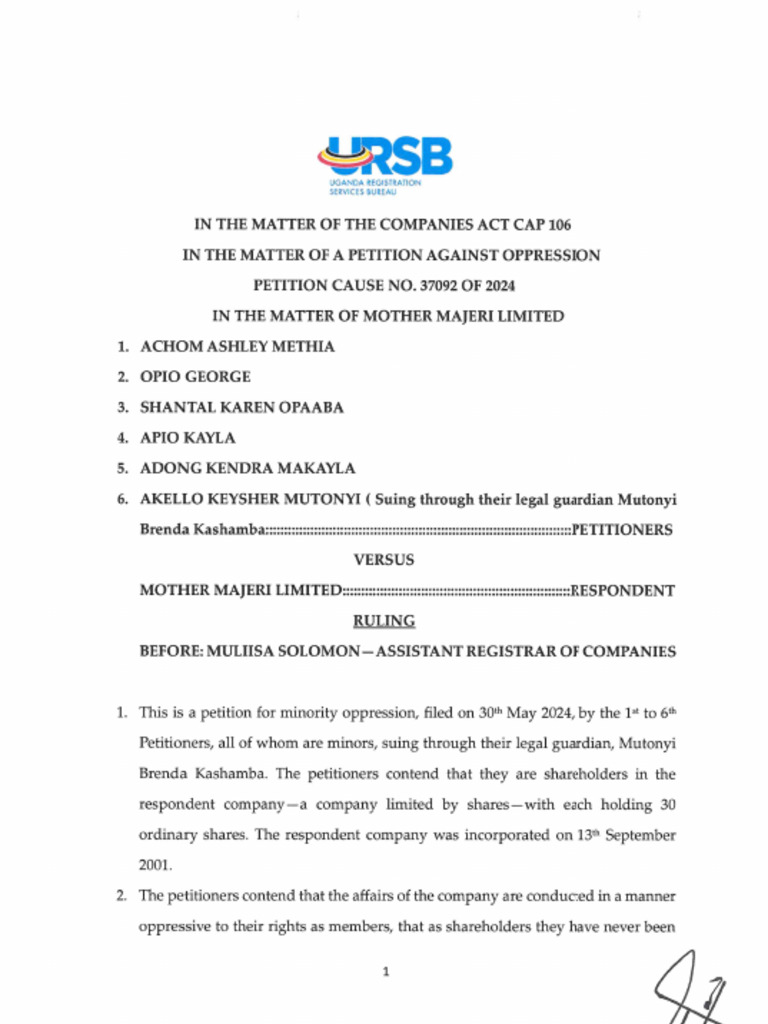 Achom and 5 Others V Mothers Majeri Limited 2024 UGRSB 19 (21 October ...
