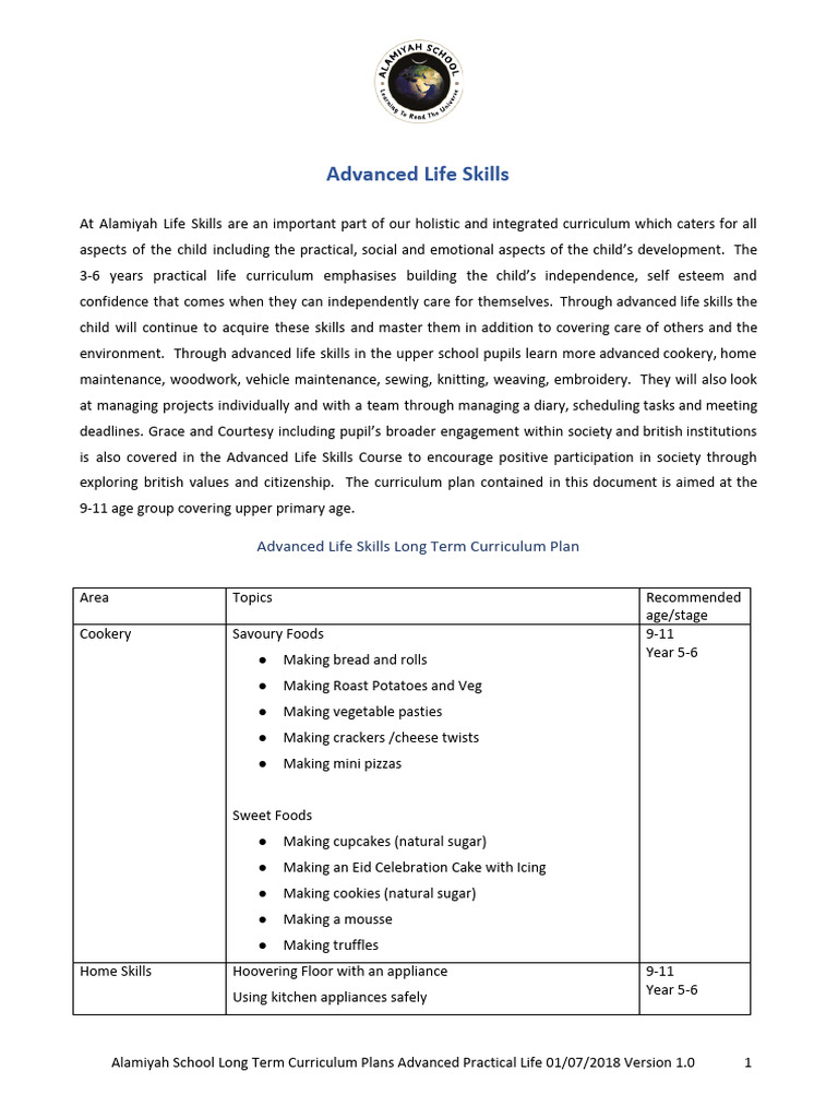 ASC Advanced Life Skills Curriculum Plan Y5-6 | PDF | Yarn | Foods
