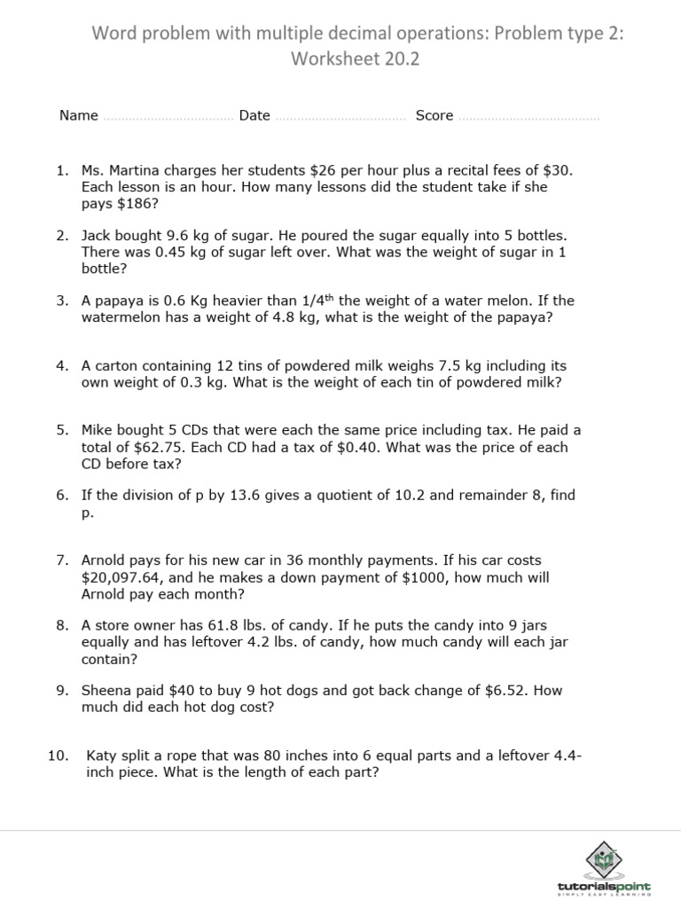 Word Problem With Multiple Decimal Operations Problem Type2 Worksheet20 ...