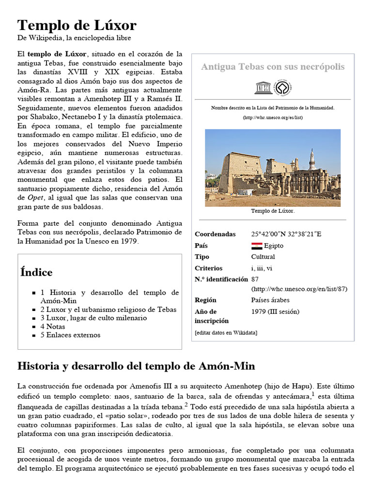 Templo de Lúxor - Wikipedia, La Enciclopedia Libre | PDF | Antiguo Egipto