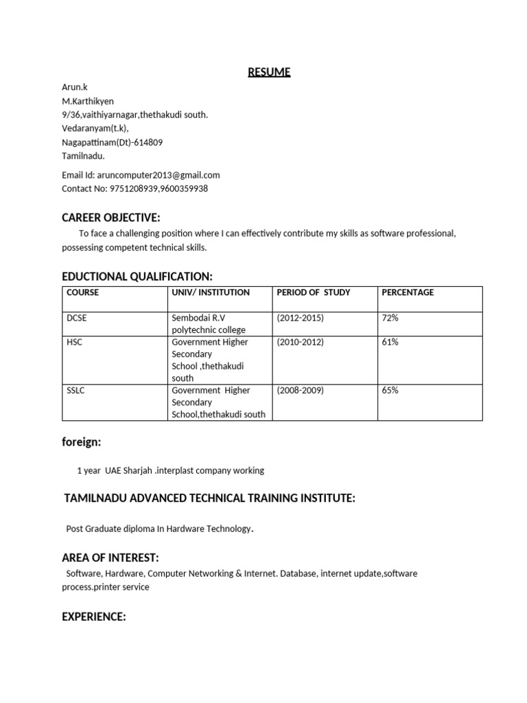 Resume: Course Univ/ Institution Period of Study Percentage | PDF