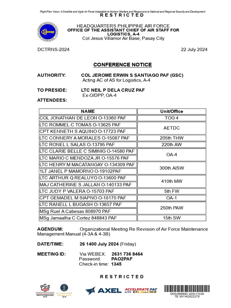 CN - Organizational Meeting Re Revision of Air Force Maintenance ...