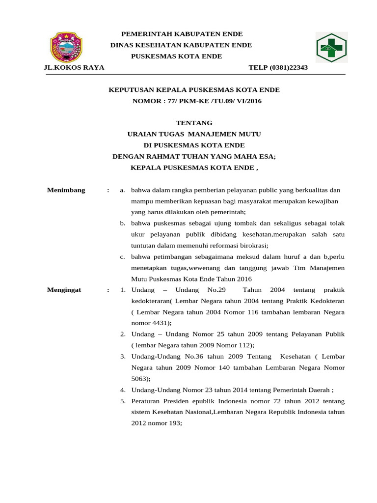 Kriteria 3.1.1 Ep 2 SK Uraian Tugas Manajemen Mutu | PDF