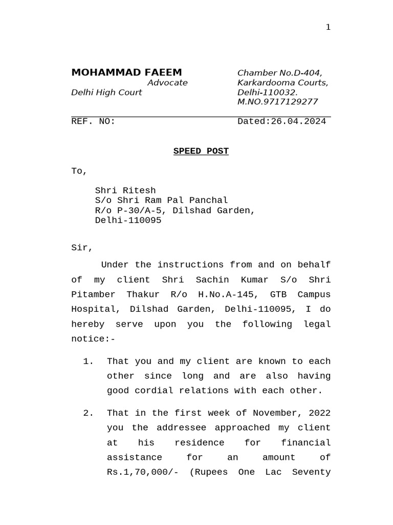 Notice Saching Kumar 138 | PDF | Cheque | Loans