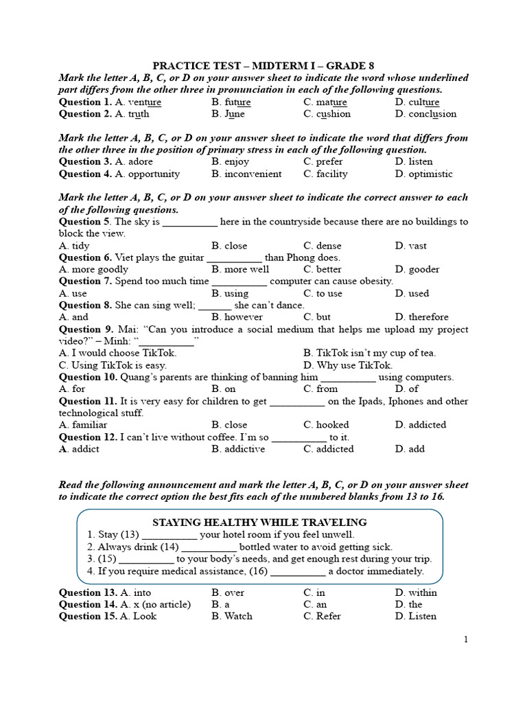 Grade 8 Midterm Practice Test | PDF | Hobbies