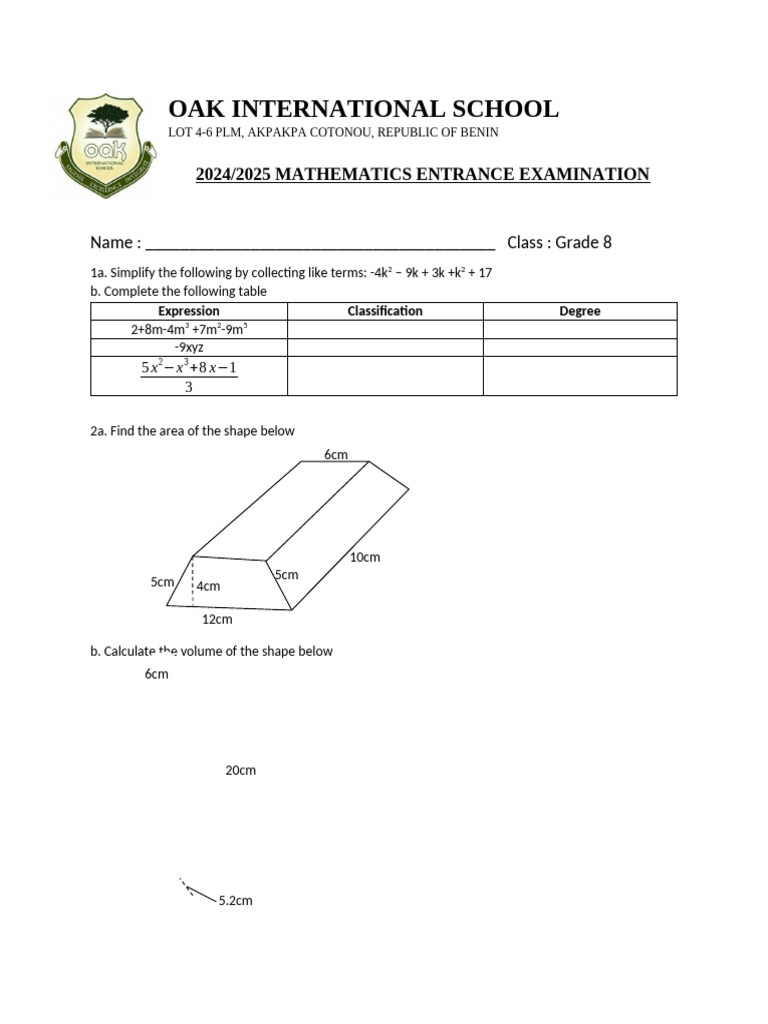 Grade 8 Mathematics Entrance Exam 2024 | PDF | Mathematics