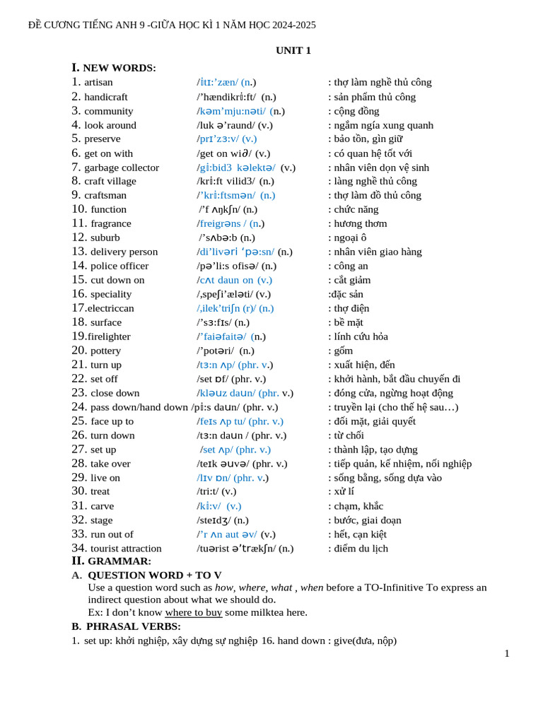 Đề Cương Anh 9 - GK 1 | PDF