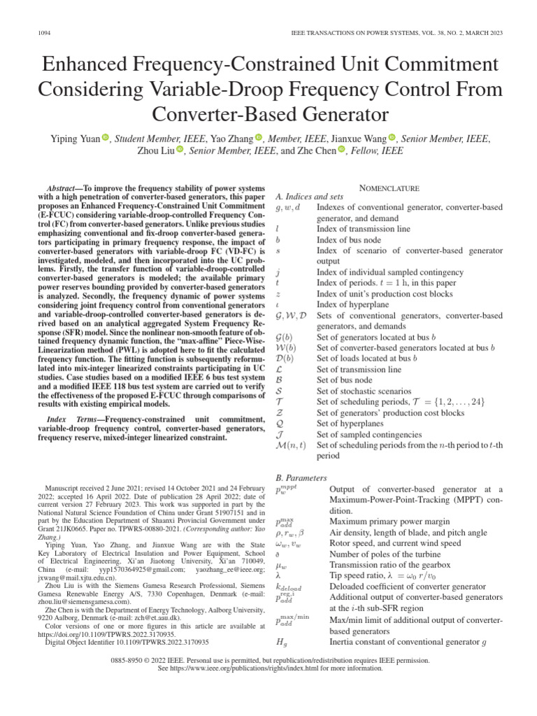 NEW-1-Enhanced Frequency-Constrained Unit Commitment Considering Variable-Droop Frequency ...