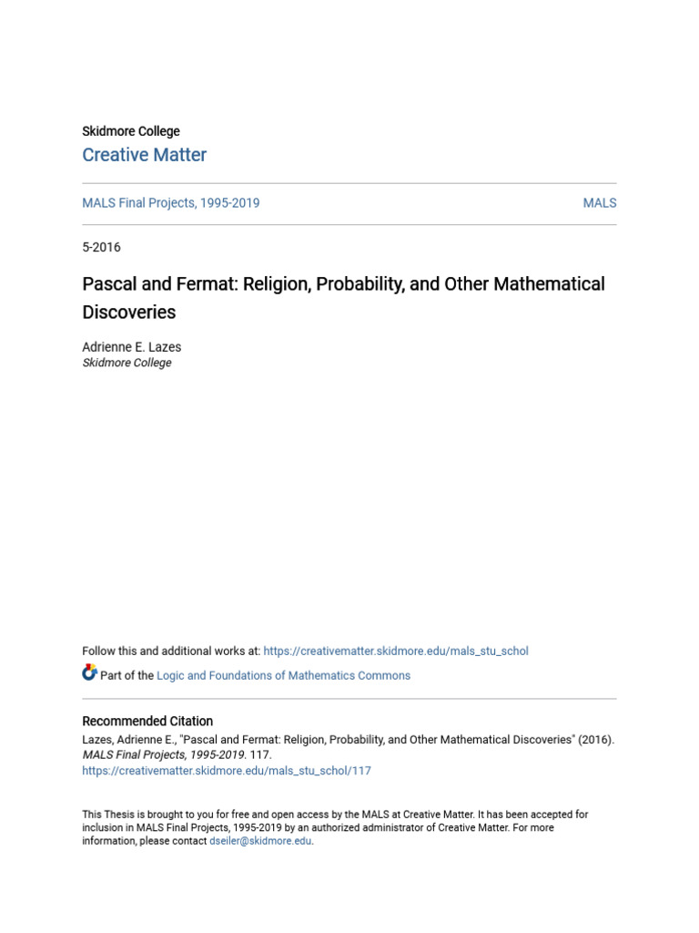 Pascal and Fermat - Religion Probability and Other Mathematical | PDF ...