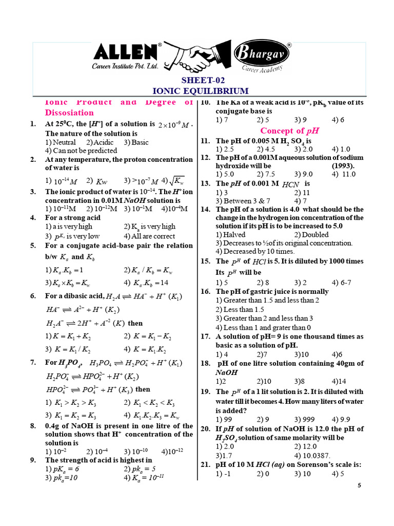 Sheet-02 Ionic Equilibrium | PDF | Ph | Acid