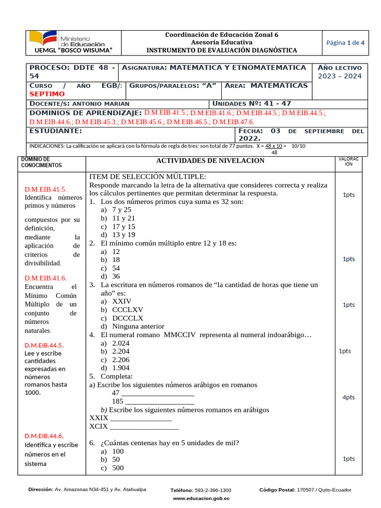 7mo. INSTRUMENTO EVALUACION DIAGNOSTICA MM. | PDF | Matemáticas ...