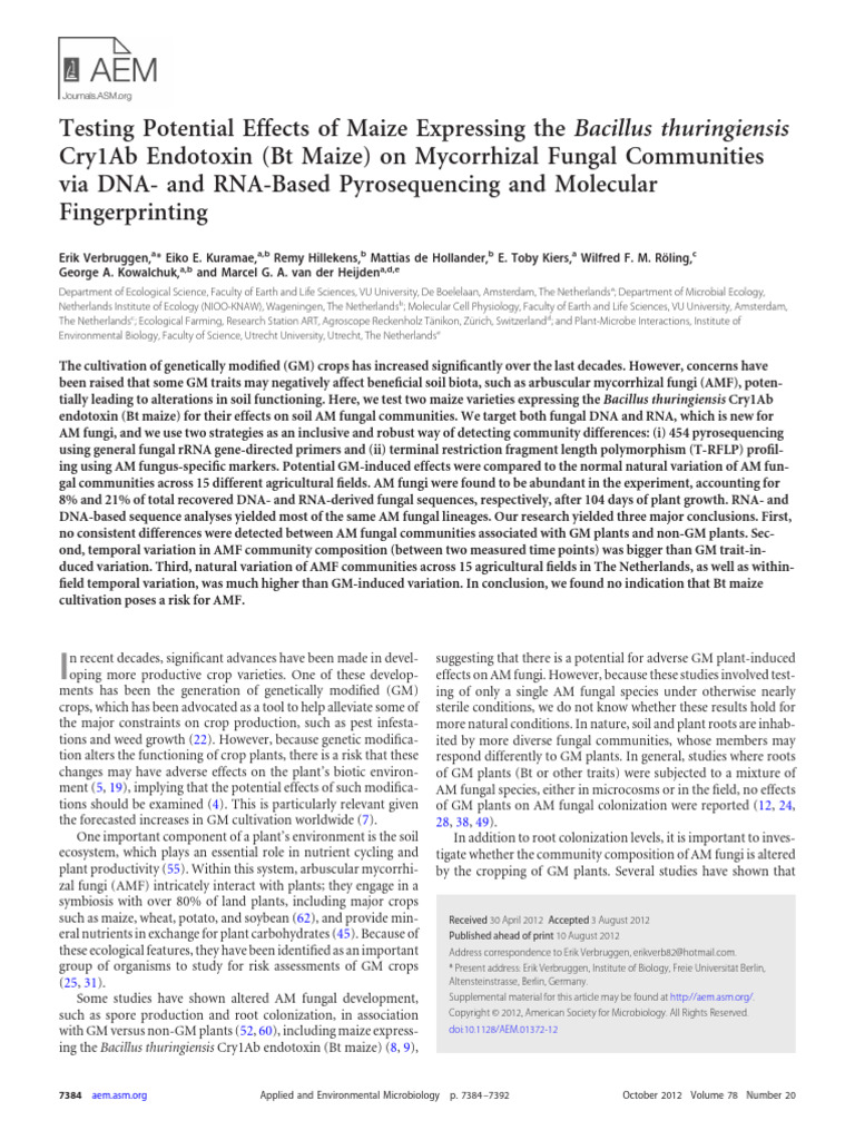 Verbruggen Et Al 2012 Testing Potential Effects of Maize Expressing The ...