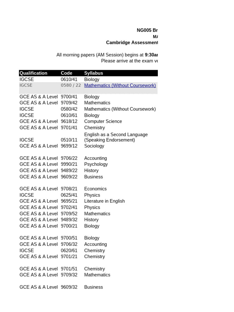Exam Timetable for IGCSE & A Levels | PDF | Science | Student ...