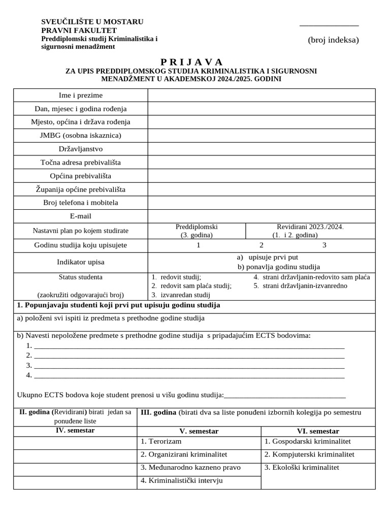 Prijava Kriminalistika Preddiplomski 2024-25 | PDF