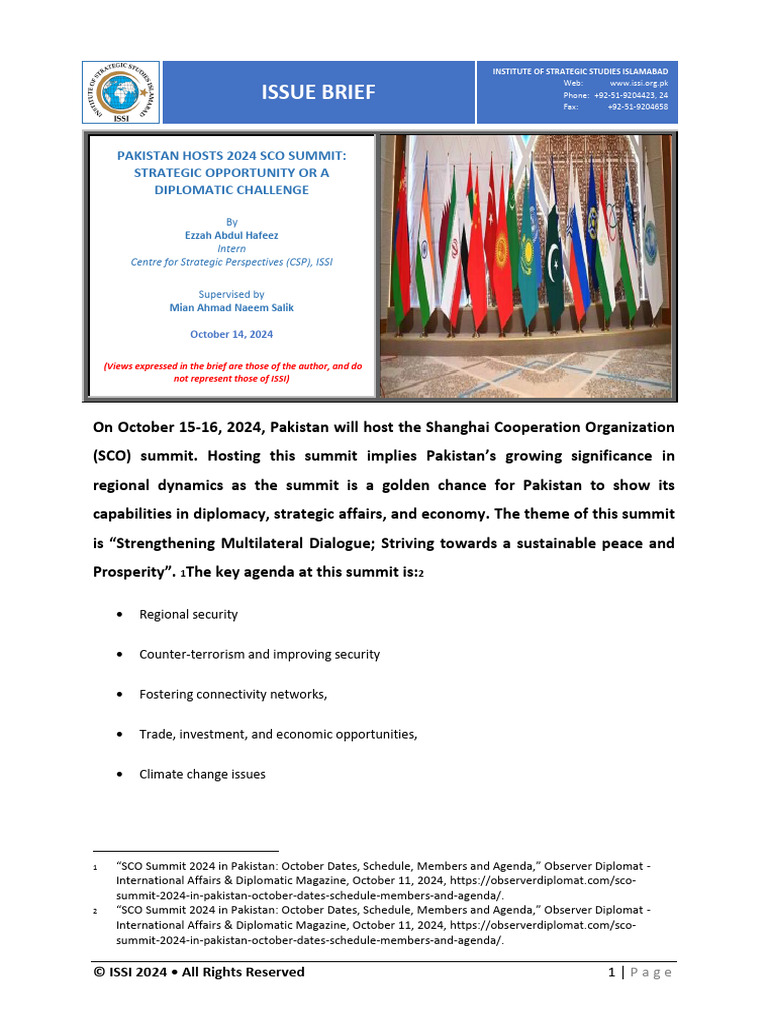 Issue Brief: Pakistan Hosts 2024 Sco Summit: Strategic Opportunity or A Diplomatic Challenge ...