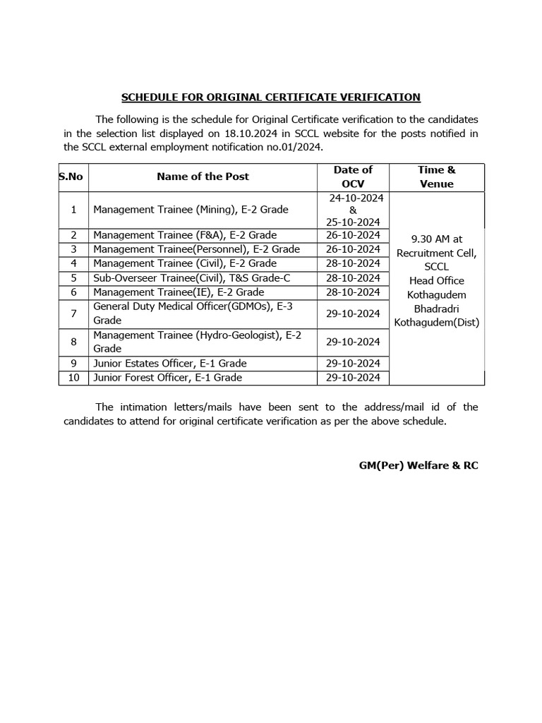 Schedule For Original Certificate Verification | PDF | Business ...