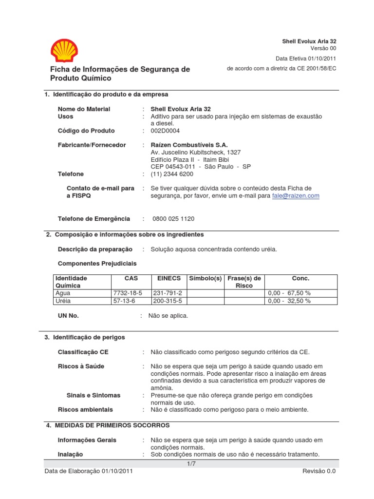 FISPQ Shell Evolux Arla 32 R00 102011 | PDF | Solubilidade | Química