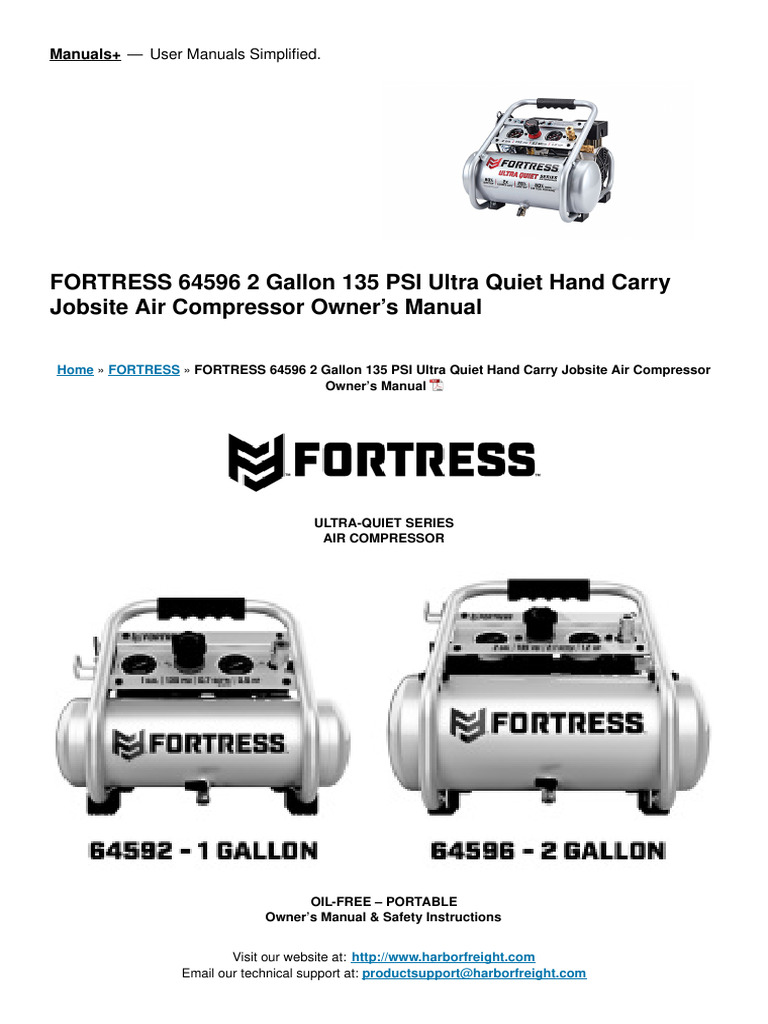 2 Gallon 135 Psi Ultra Quiet Hand Carry Jobsite Air Compressor Manual ...