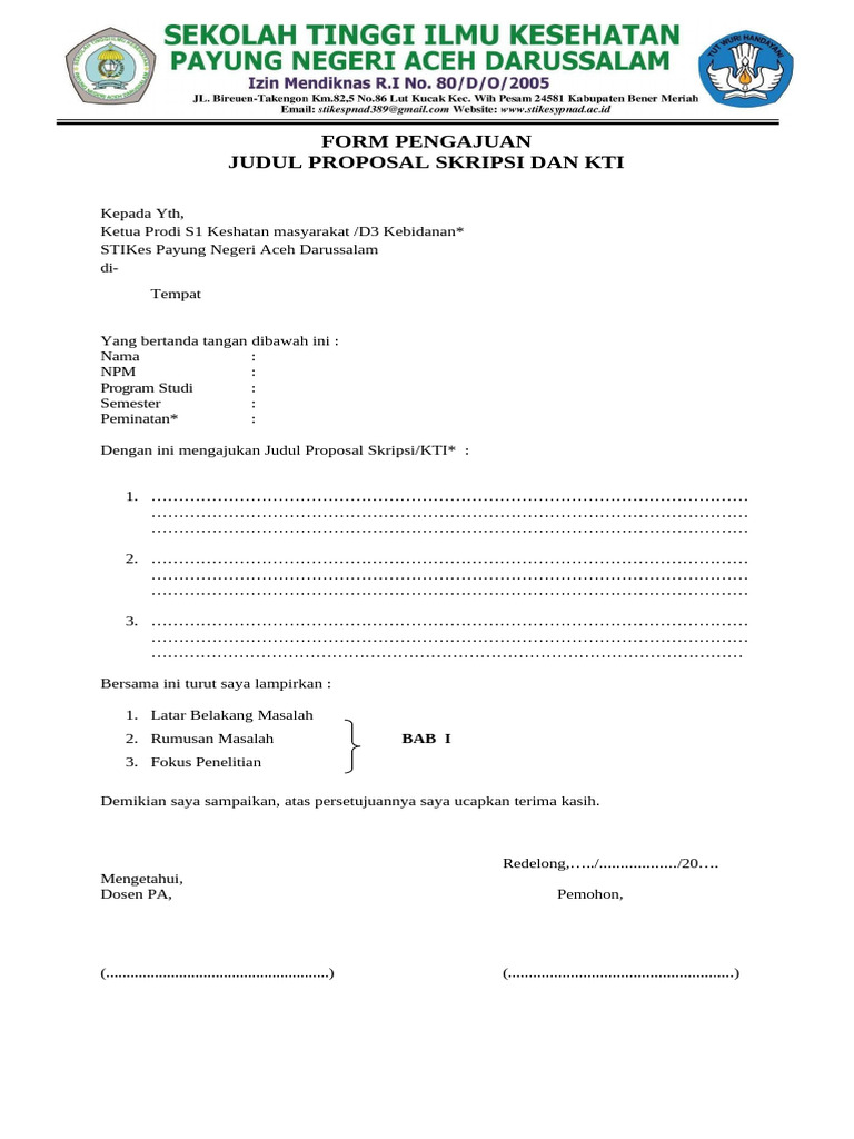 Form Pengajuan Judul skripsi-KTI 2024 | PDF