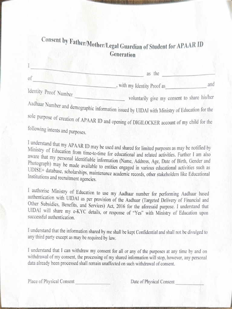 Consent by FatherMotherLegal Guardian of Student For APAAR ID | PDF